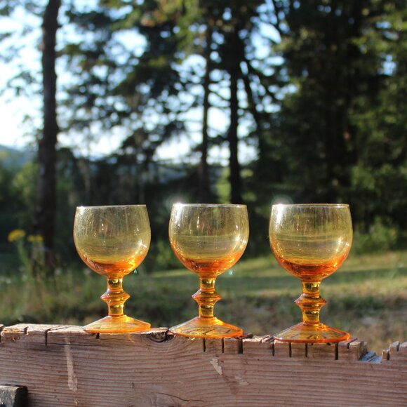 Dining | Amber Gold Water Goblets Set Of 3 Vintage Hand Blown Glassware ...